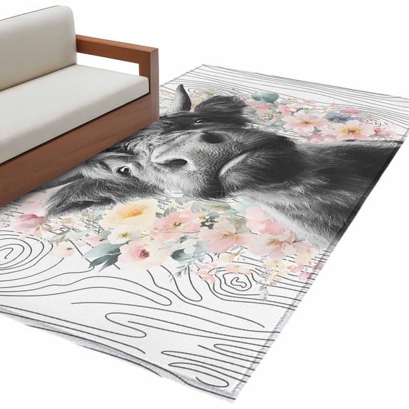 Black Cow Floral Area Rugs Collection 3'x5', Grey Wooden Farmhouse ...