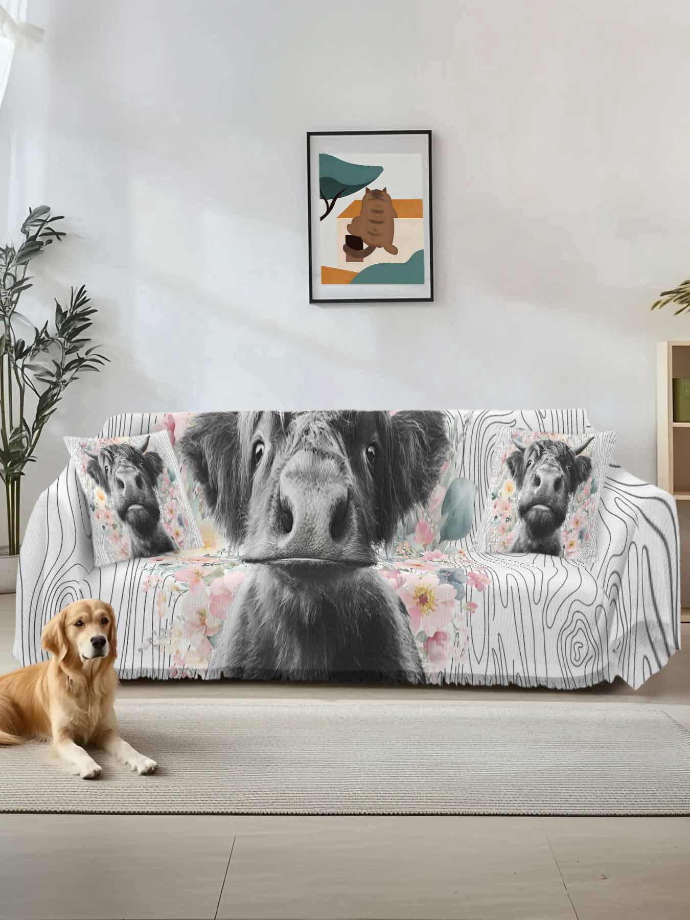 Black Cow Floral Couch Cover for 2 Cushion Sofa, Grey Wooden Farmhouse ...