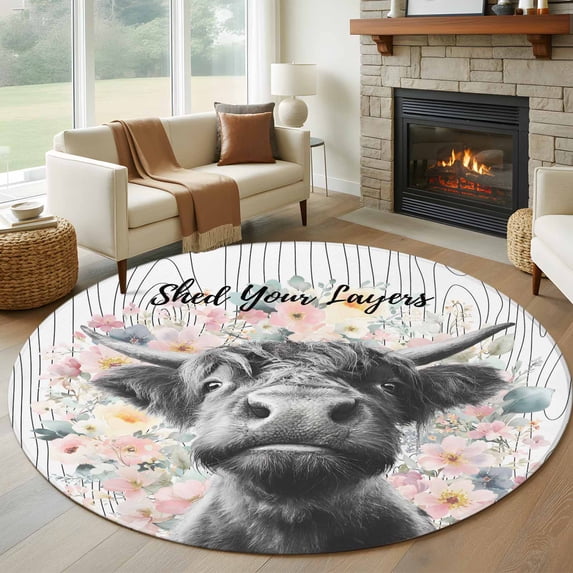 Black Cow Floral Round Rug 5ft Washable Circle Kitchen Rugs Non Slip ...