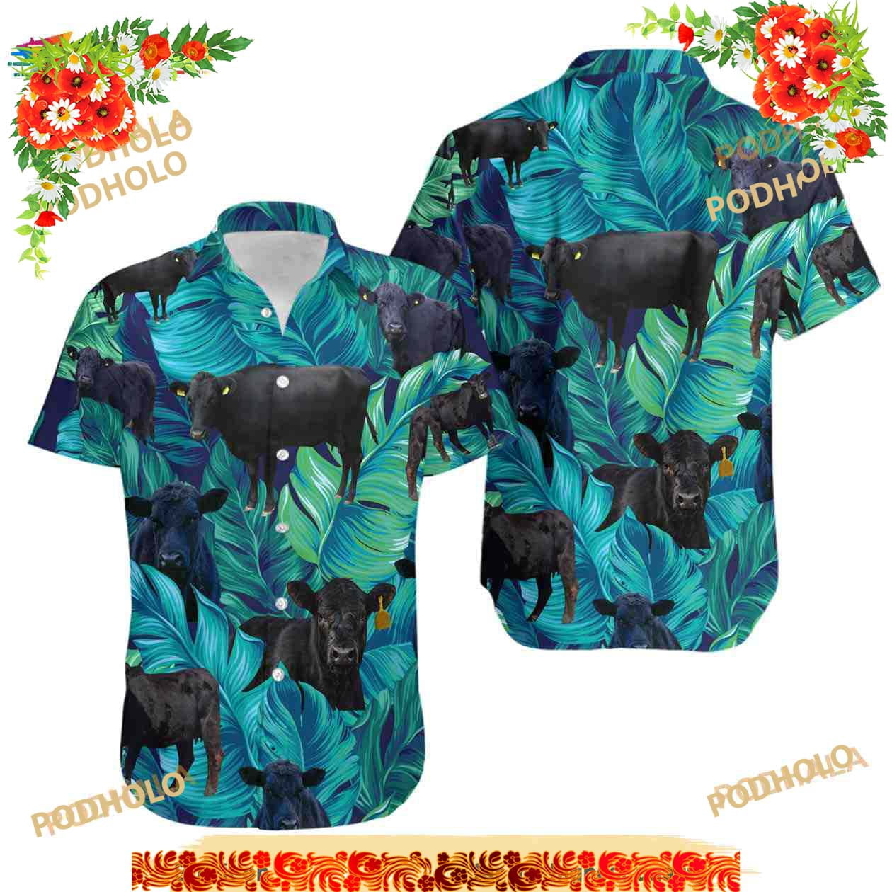 Black Cow Leafy Hawaiian Shirt, Black Angus Cow Aloha Shirt - Walmart.com