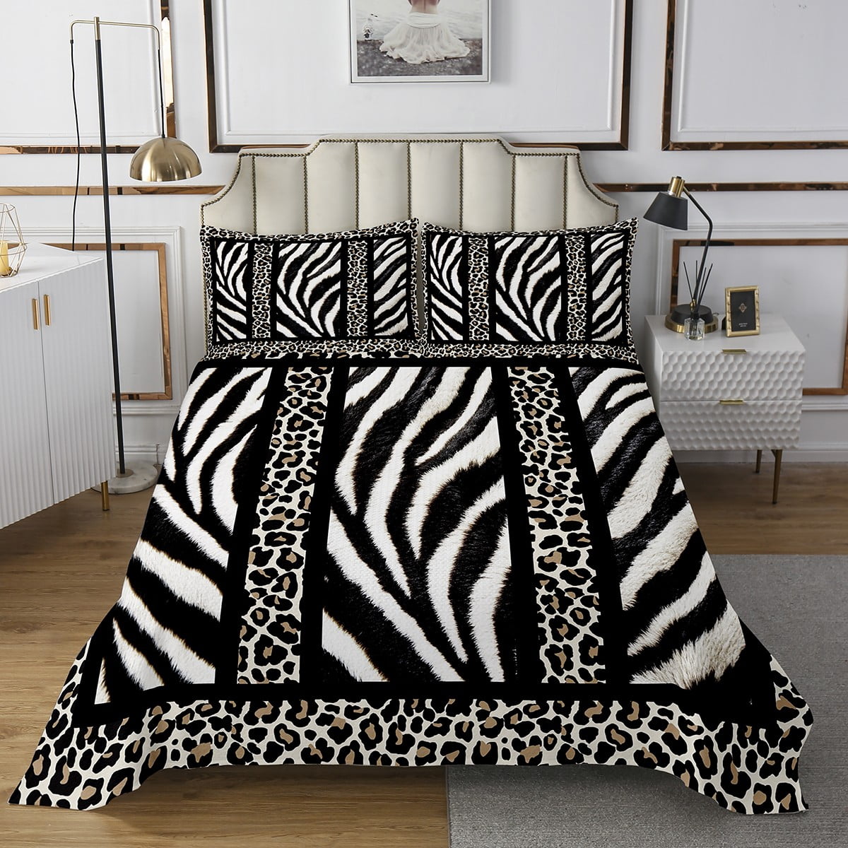 Black Cow Print Quilt Set Queen Leopard Print Bedspread Western ...