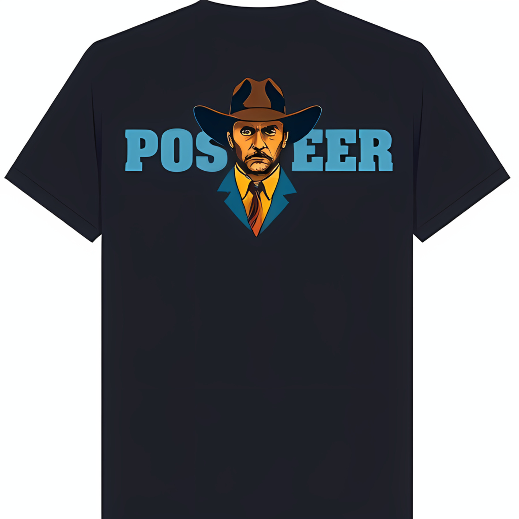 Black Cowboy Graphic T-Shirt with 'POS' and 'EER' Text Stylish Tee ...