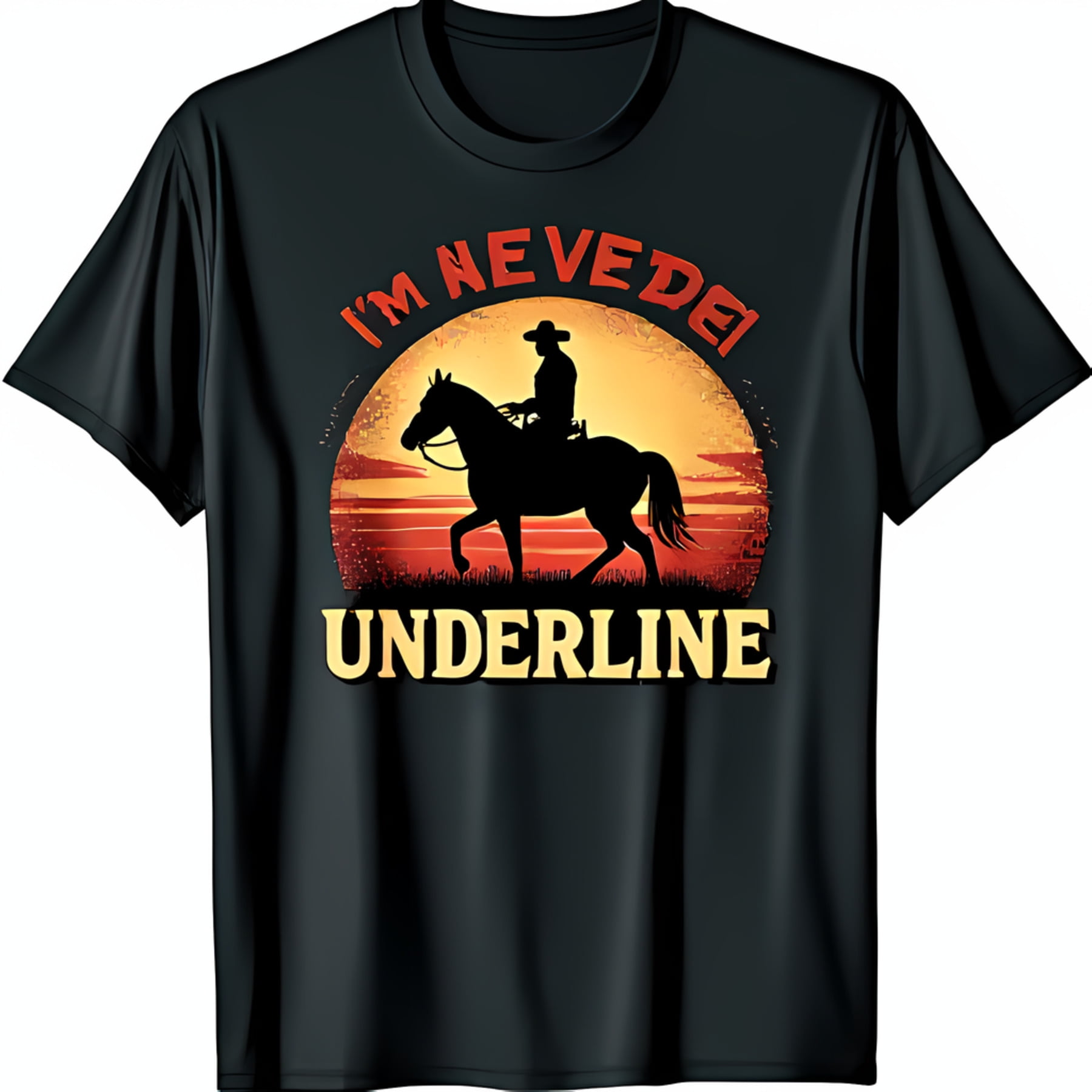 Black Cowboy Sunset T-Shirt Design with 'I'm Never Dei' & 'Underline ... Black Cowboy Sunset T-Shirt Design with 'I'm Never Dei' & 'Underline ...