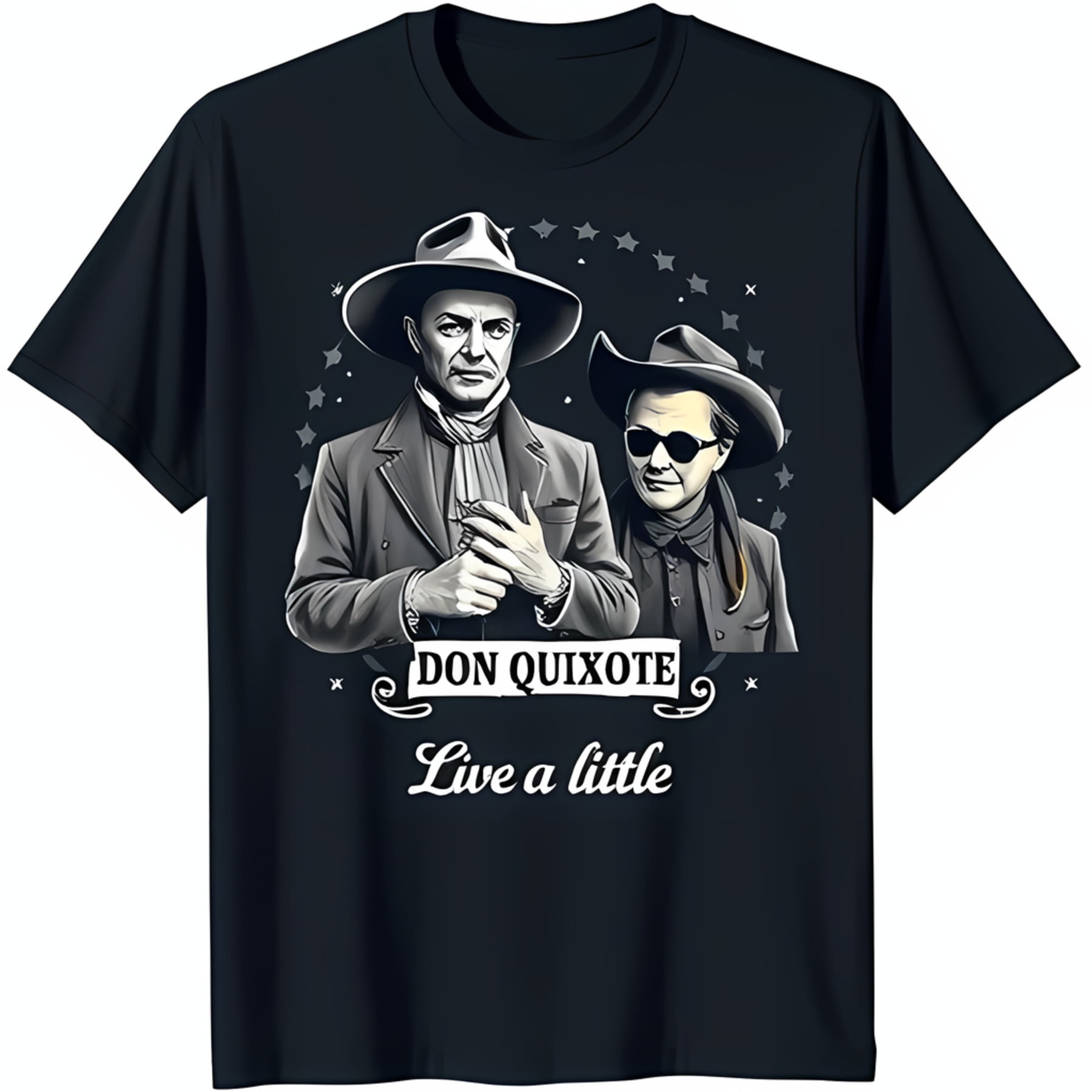 Black Cowboy T-Shirt with Don Quixote Design Two Men in Hats Live a ...