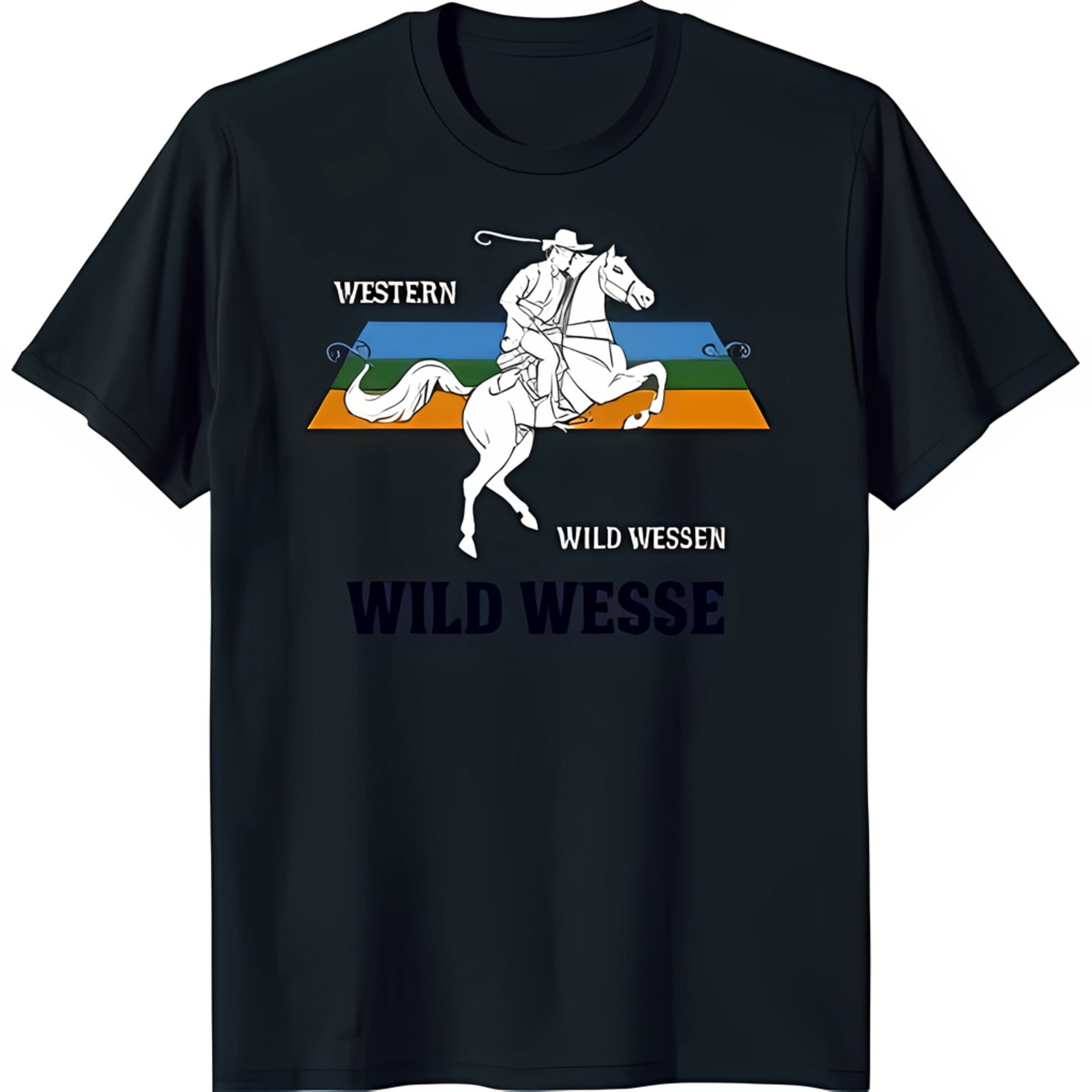 Black Cowboy T-Shirt with Rearing Horse Design and Rainbow 'WILD WESSEN ...