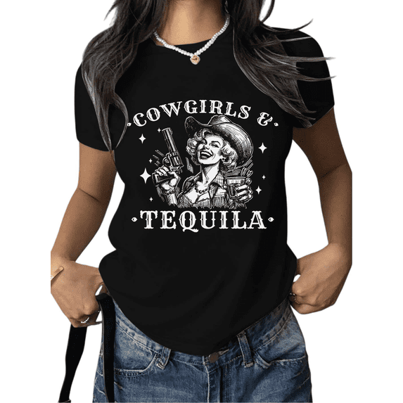 Black Cowgirls & Tequila Graphic Tees Western Print Tshirt Shirts ...