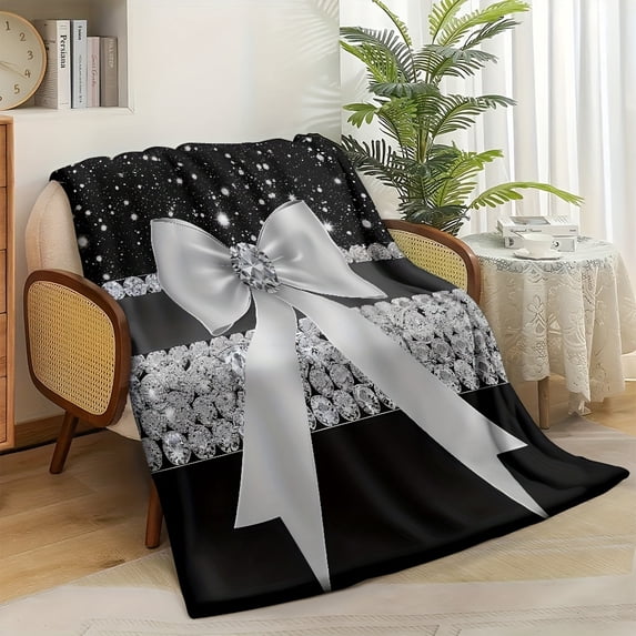 Black Cozy Flannel Blanket with Shimmering Ribbon Pattern Soft High ...