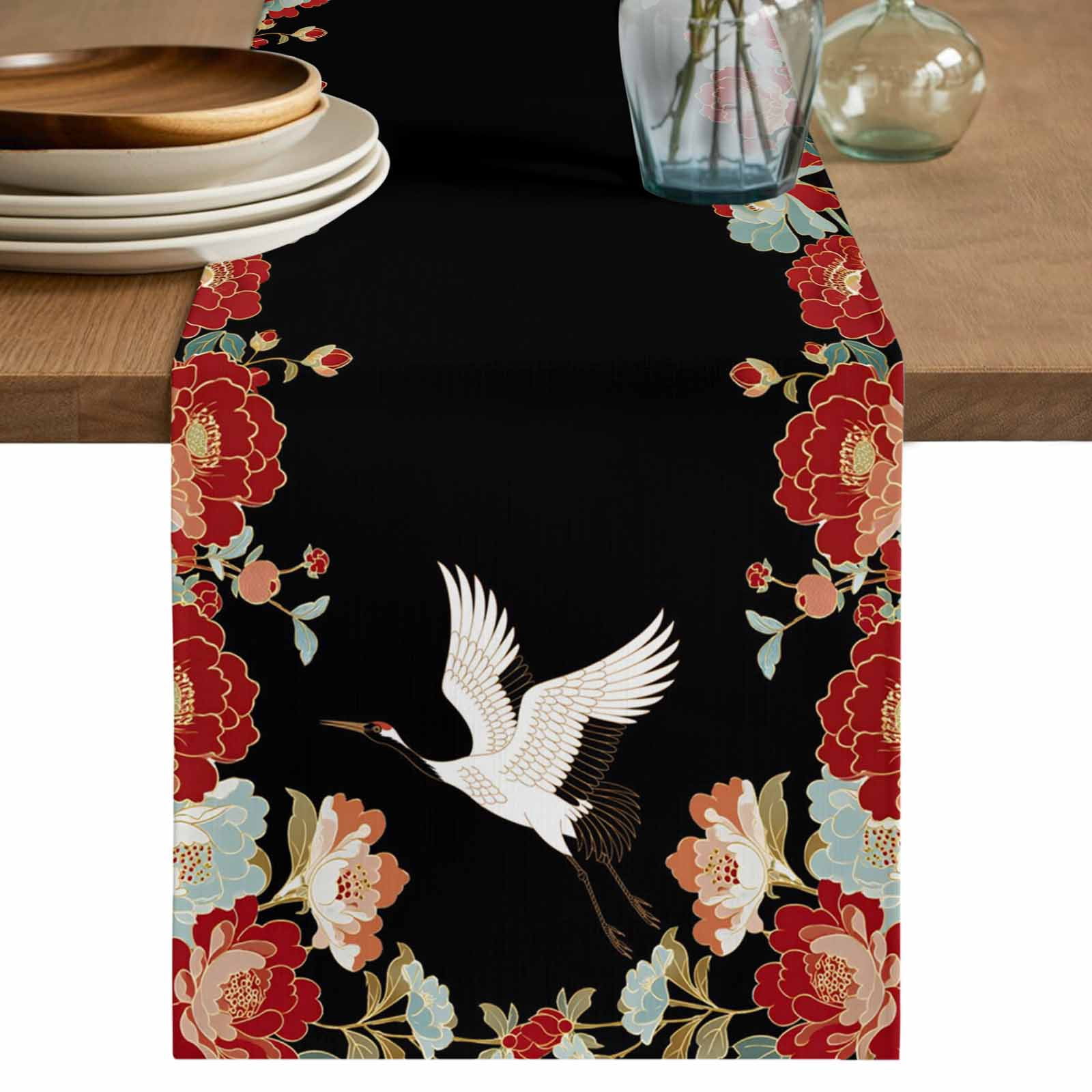 Black Crane Table Runner, Vintage Red Teal Spring Floral Botanical ...