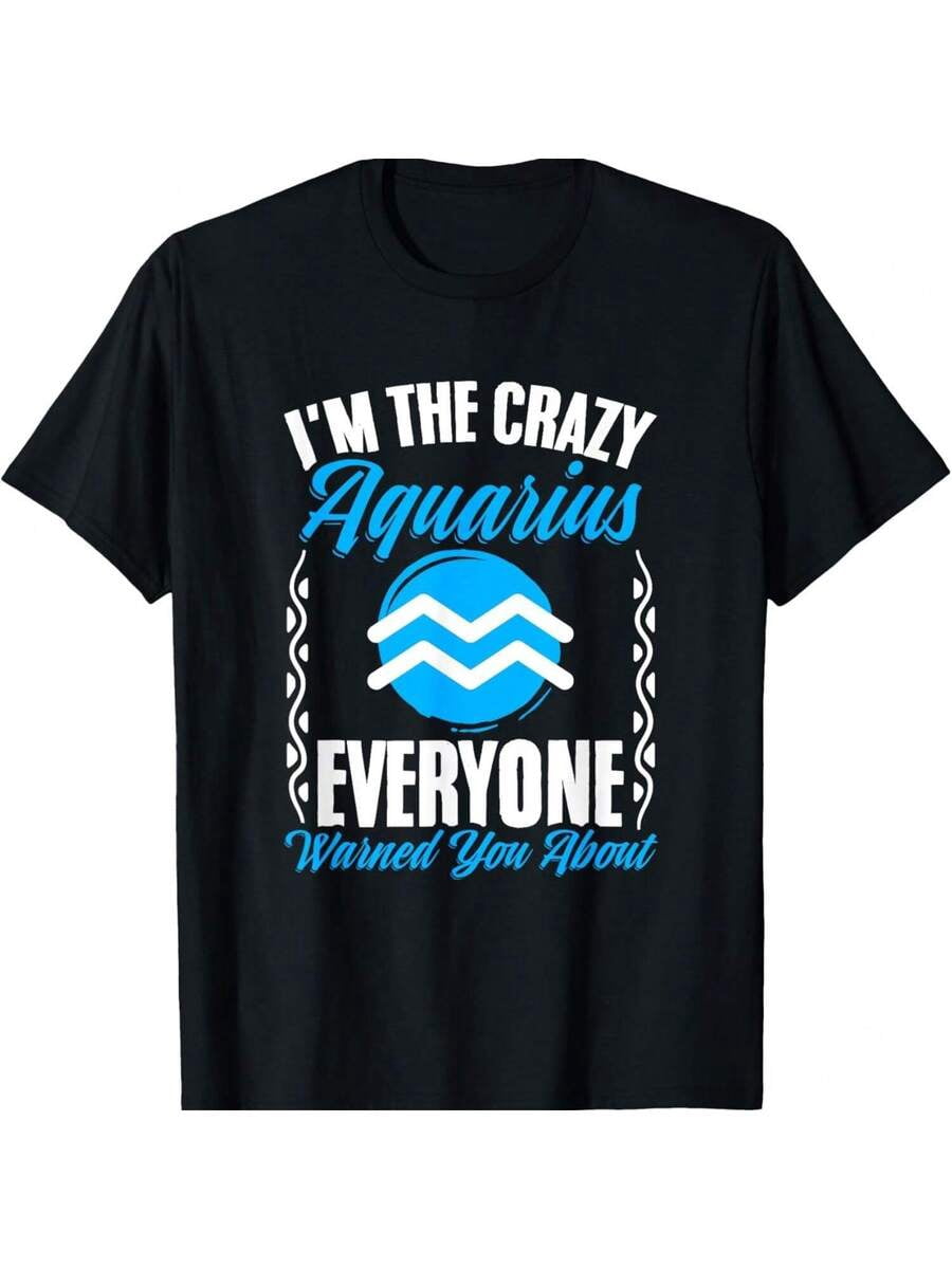 Black Crazy Aquarius Zodiac Sign T-Shirt: Casual Round-Neck Short ...