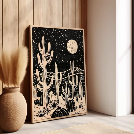 Black Cream Cactus Field Desert Under Moon Starry Night Dark Abstract ...