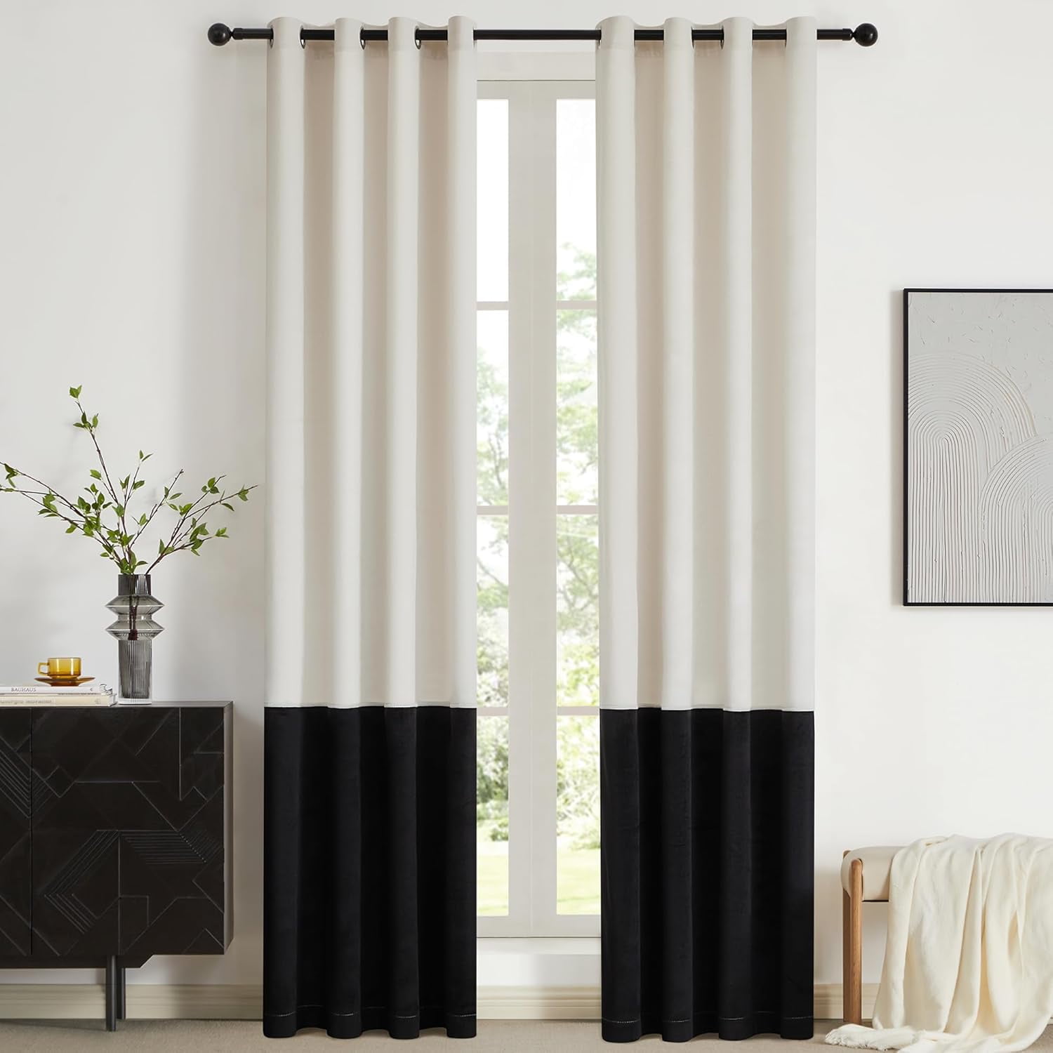 Black Cream Color Block Window Curtain Panels 72 Inches Velvet ...