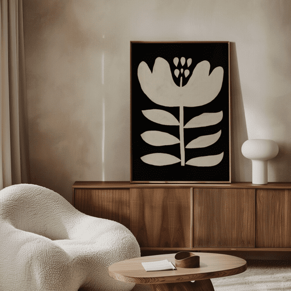 Black Cream Floral Abstract Botanical Minimalist Living Room Wall Art ...