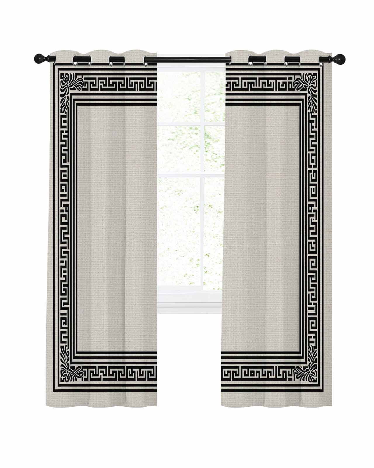 Black Cream Greek Key Blackout Curtains, Light Blocking Print Window ...