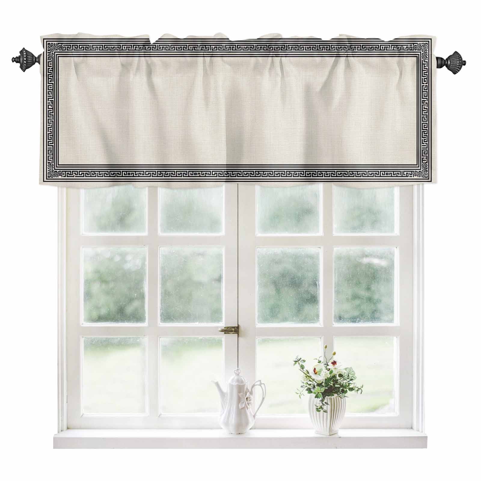 Black Cream Greek Key Kitchen Valances for Windows 42x12 Inch Kitchen ...