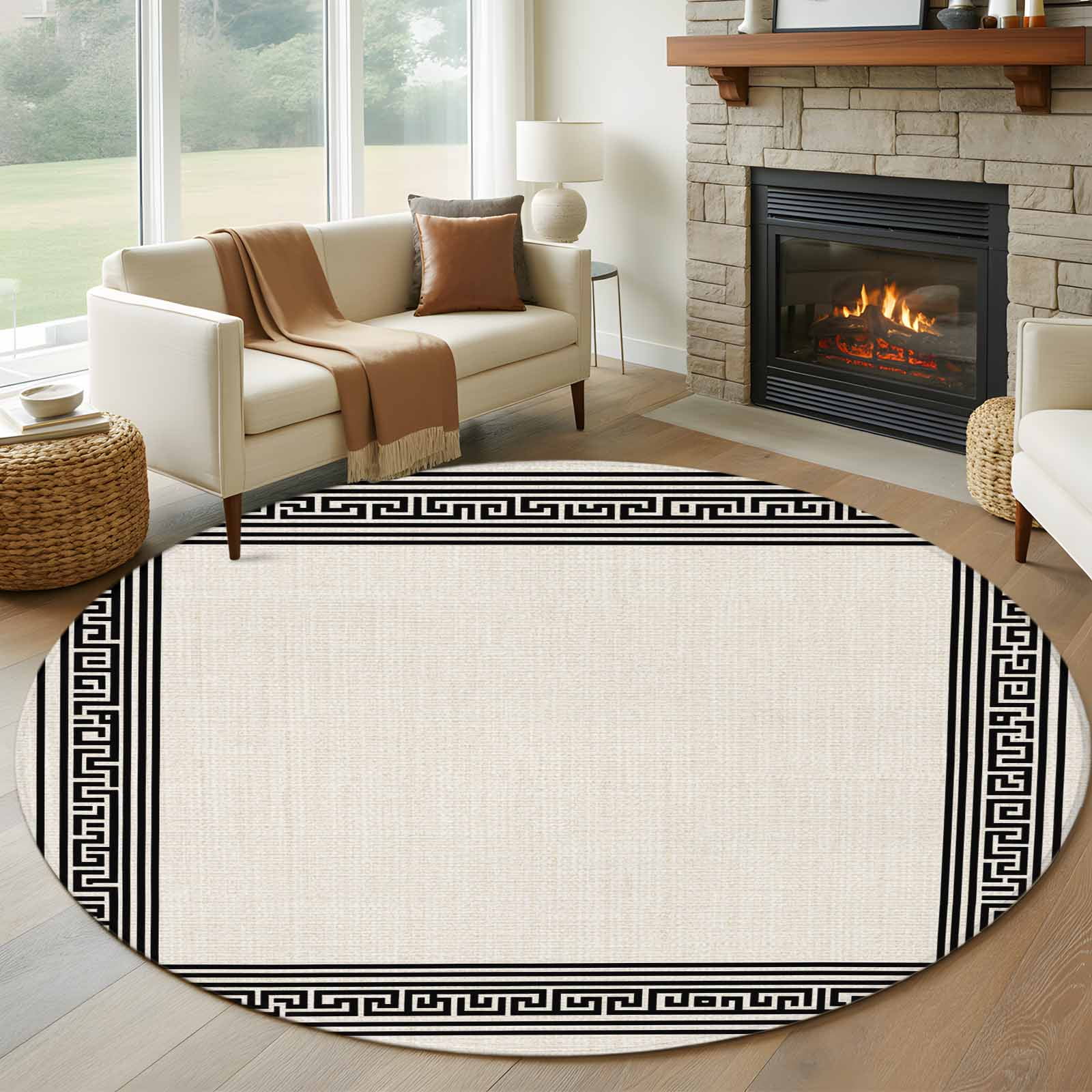 Black Cream Greek Key Round Area Rug 6 FT, Non Slip Bedroom Rugs ...