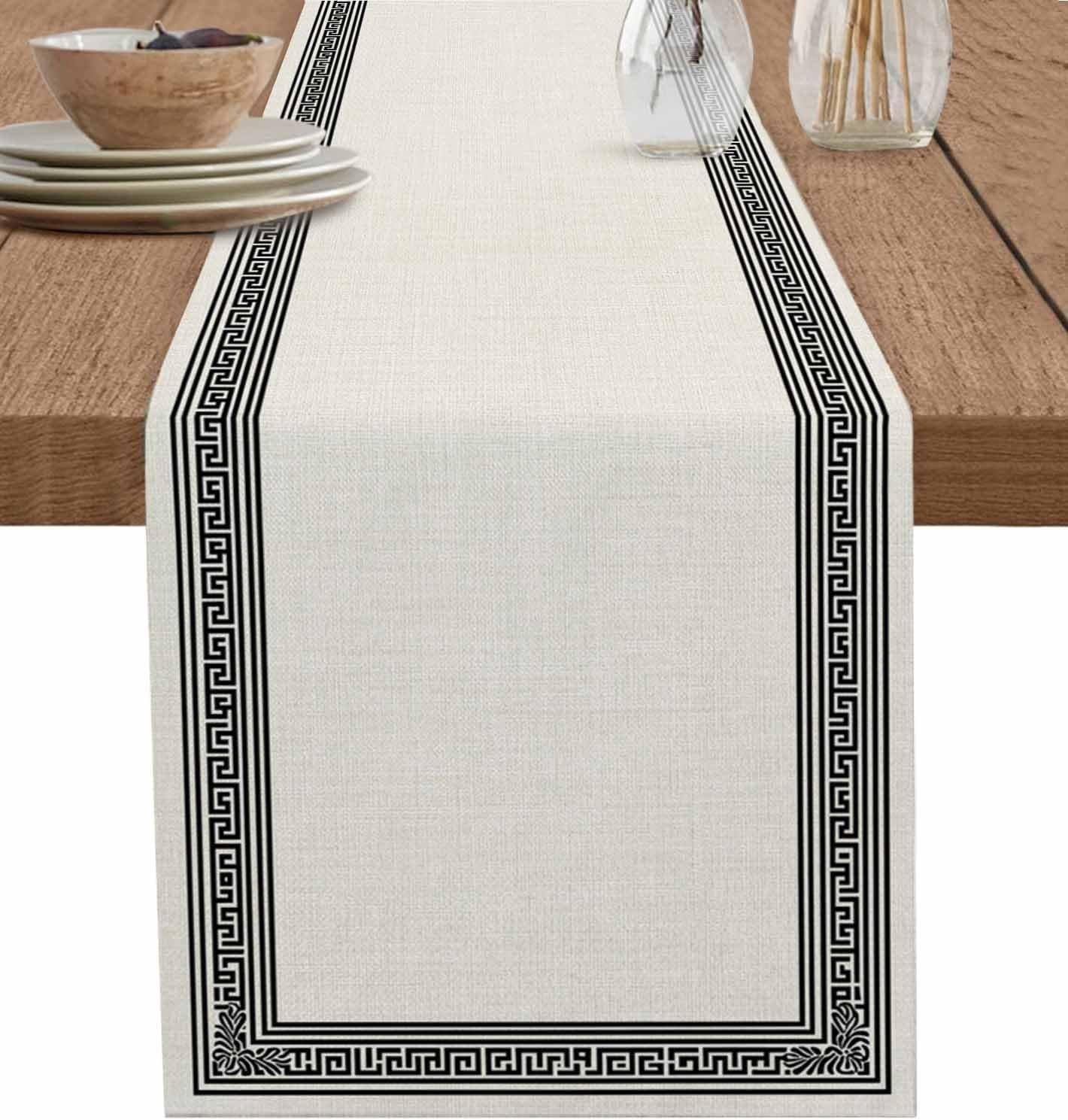 Black Cream Greek Key Short Table Runners 48 Inches, Cotton Linen ...