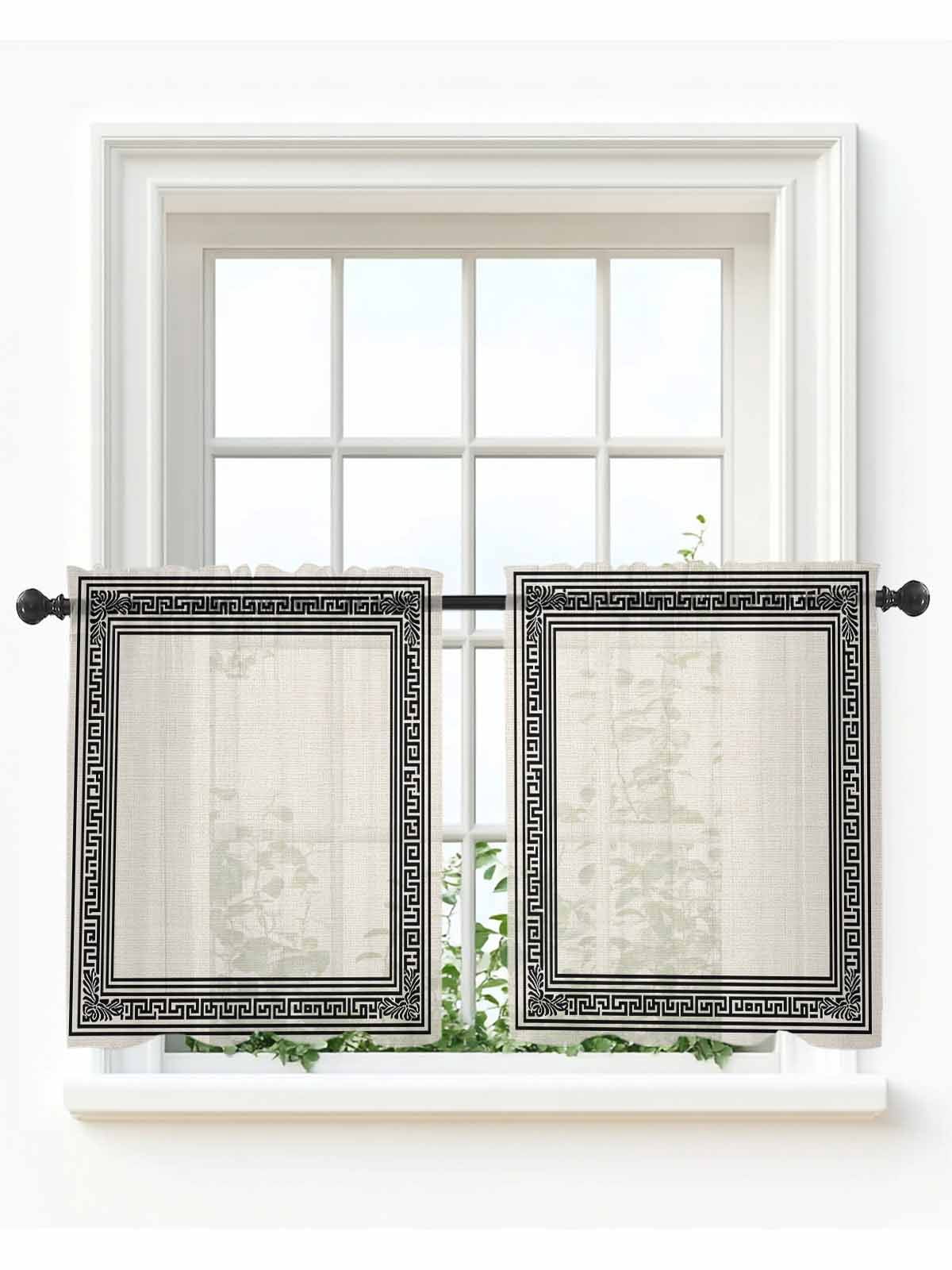 Black Cream Greek Key Tier Curtains 36 Inch Length,Sheer Curtains for ...