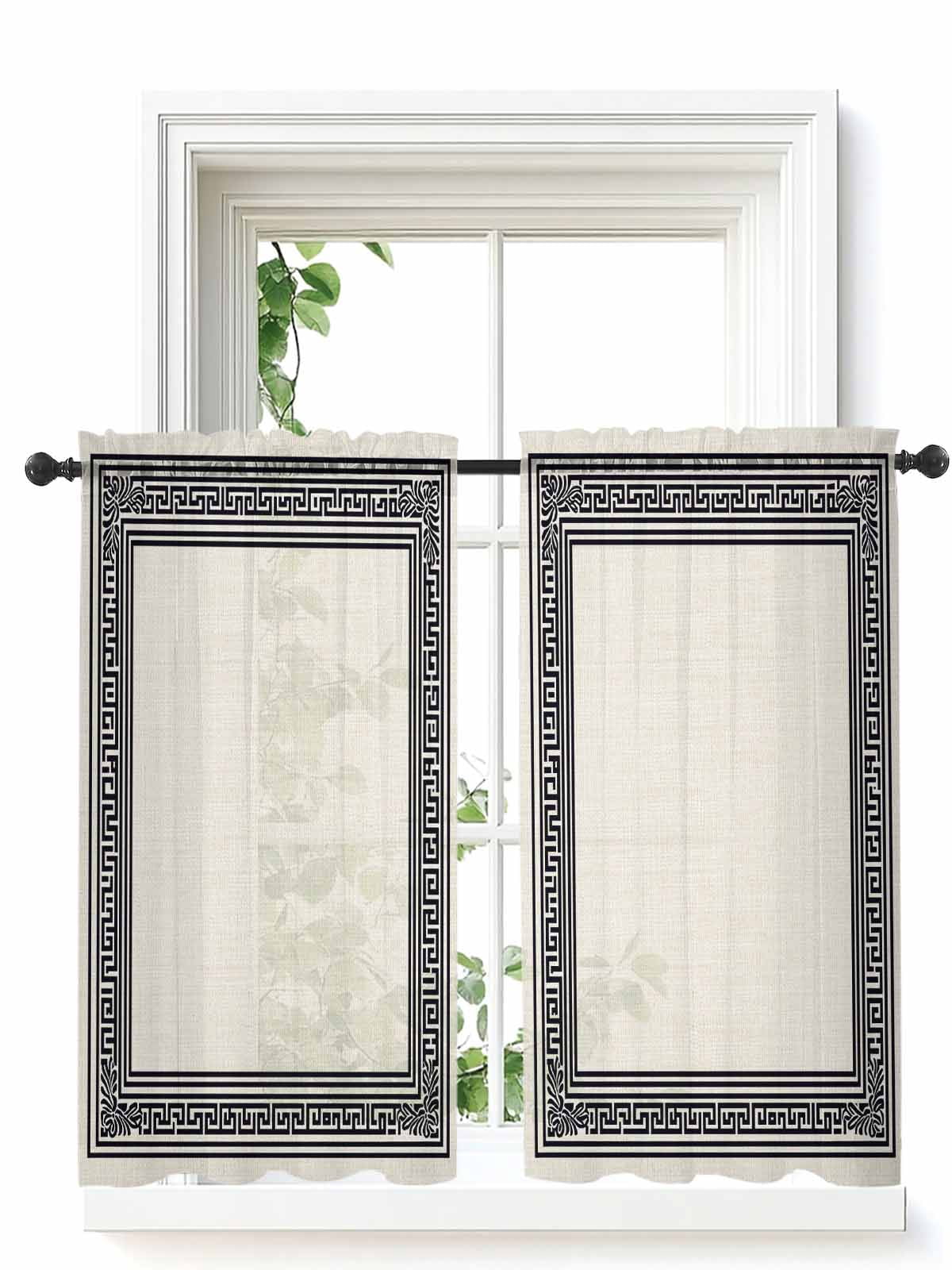 Black Cream Greek Key Tier Curtains 45 Inch Length,Sheer Curtains for ...
