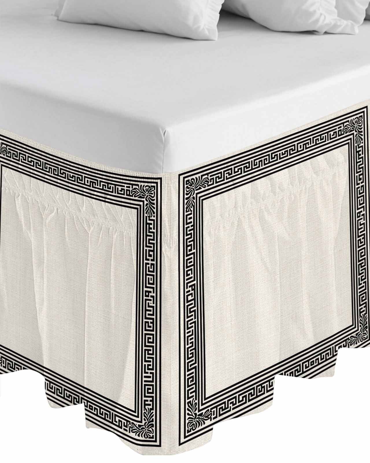 Black Cream Greek Key Wrap Around Bed Skirts for King Bed 16" Drop,Bed ...