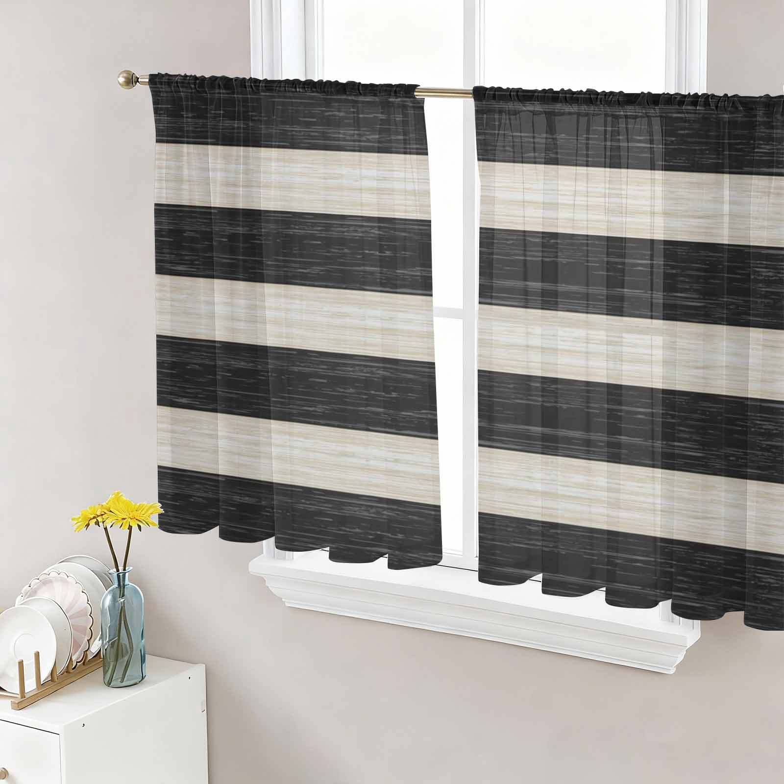 Black Cream Striped Semi Sheer Curtains 45 Inch Length 2 Panels Set ...