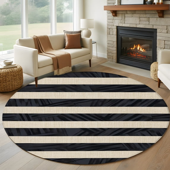 Black Cream Stripes 8FT Round Area Rugs for Living Room Minimalist ...