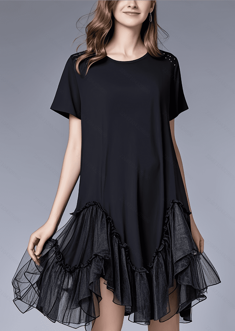 Black Crew Neck A-Line Dress, Short Sleeve Mesh Ruffle Hem Dress with ...