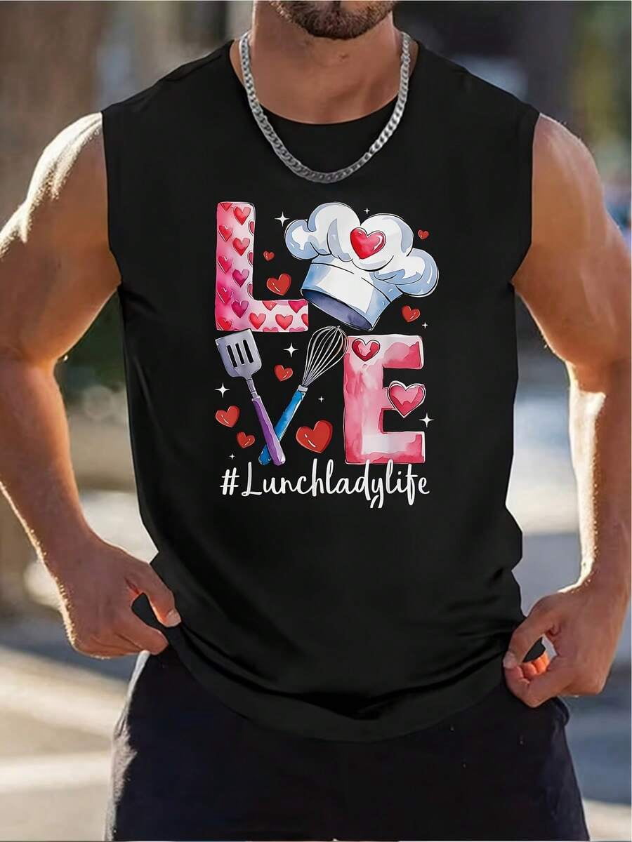 Black Crew Neck Tank Top With Love Chef Hat And Kitchen Tools Hearts ...