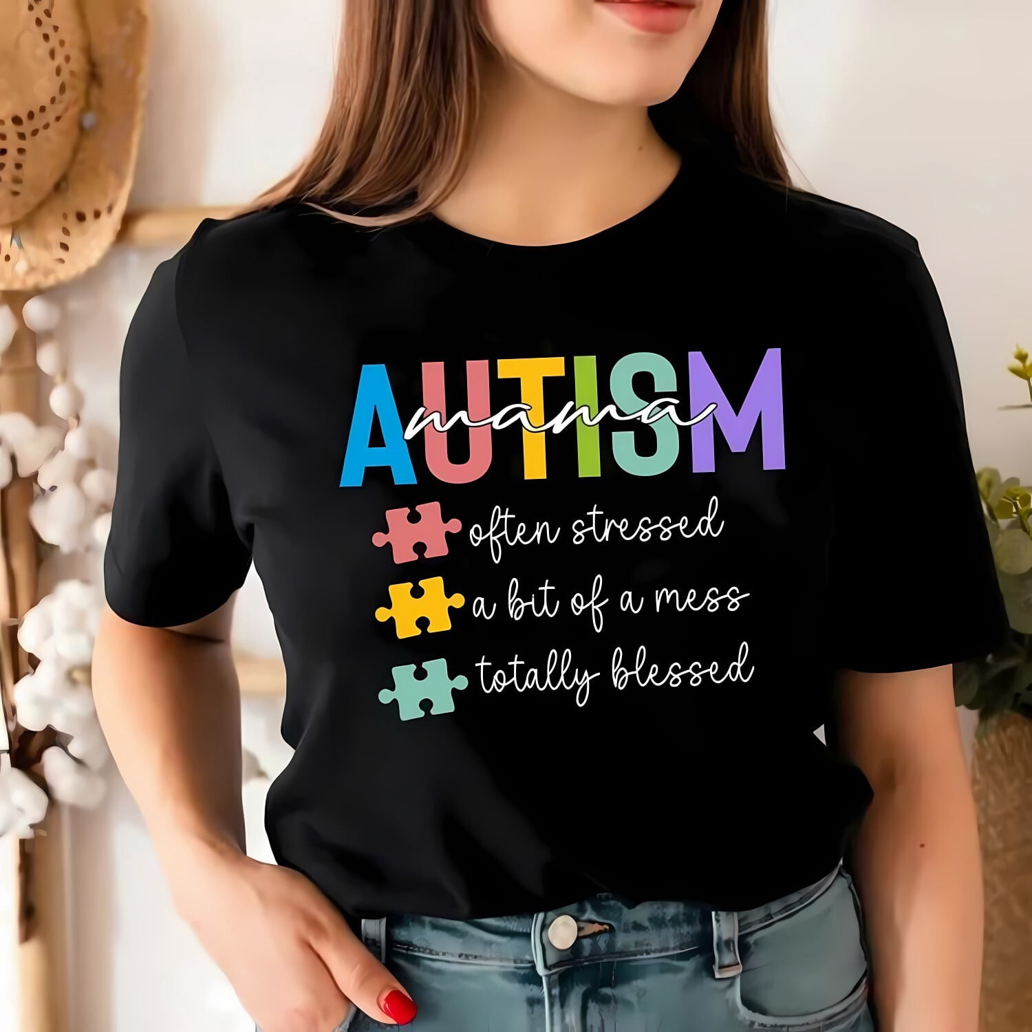 Black Crew Neck Tee - "AUTISM MAMA" Stressed Blessed Autism Support Tee ...