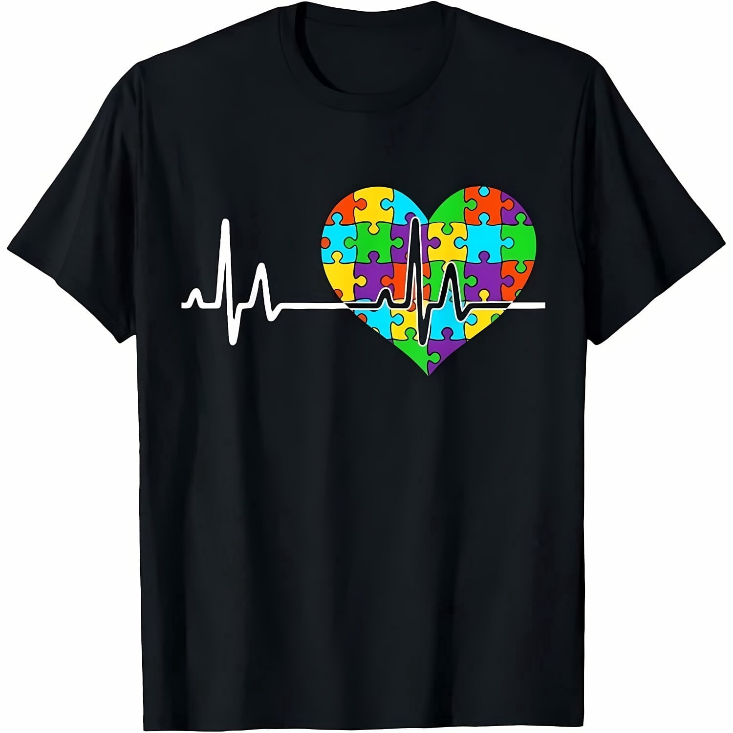 Black Crew Neck Tee - Autism Puzzle Heart & Heartbeat Awareness Tee ...
