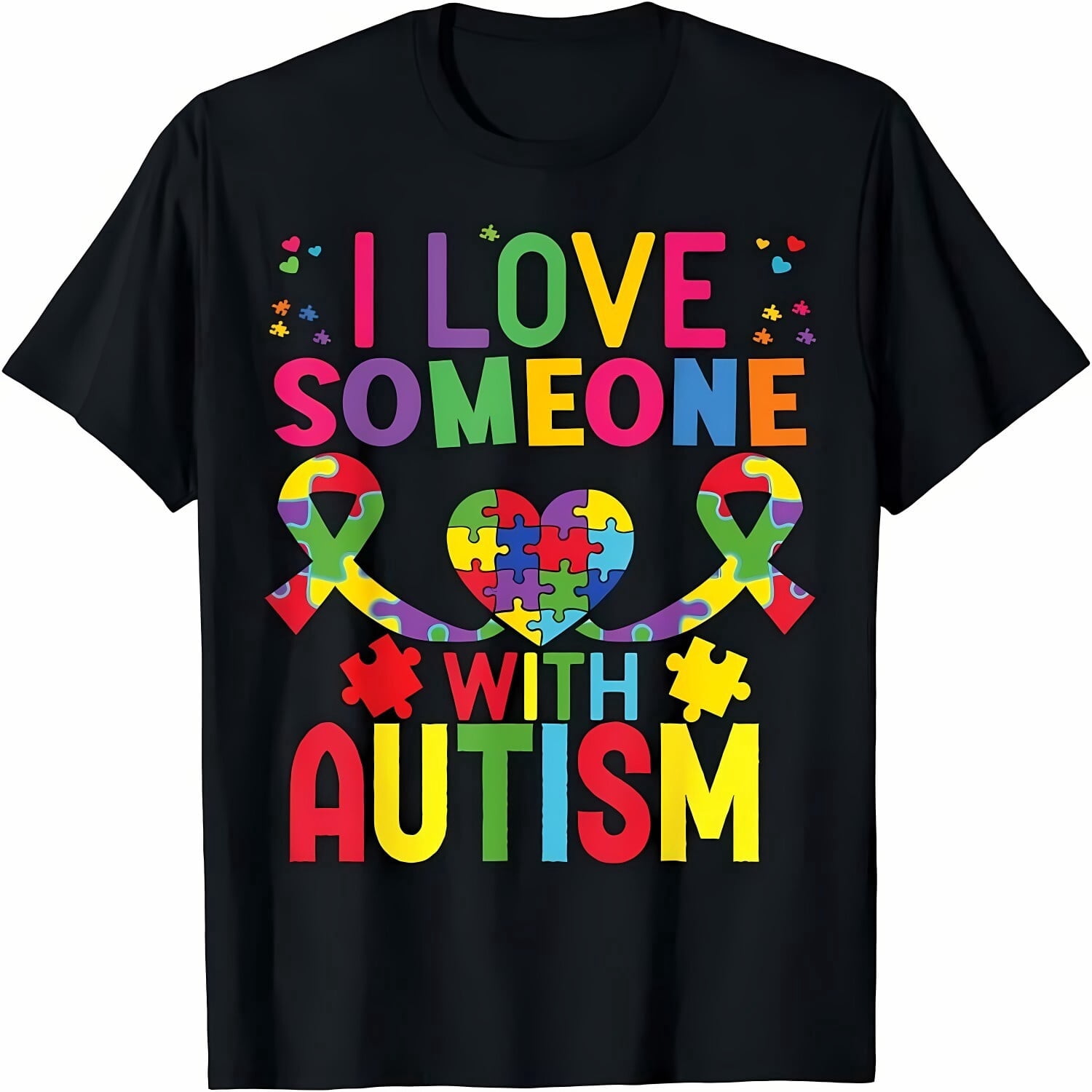 Black Crew Neck Tee - "I LOVE SOMEONE WITH AUTISM" Puzzle Heart ...