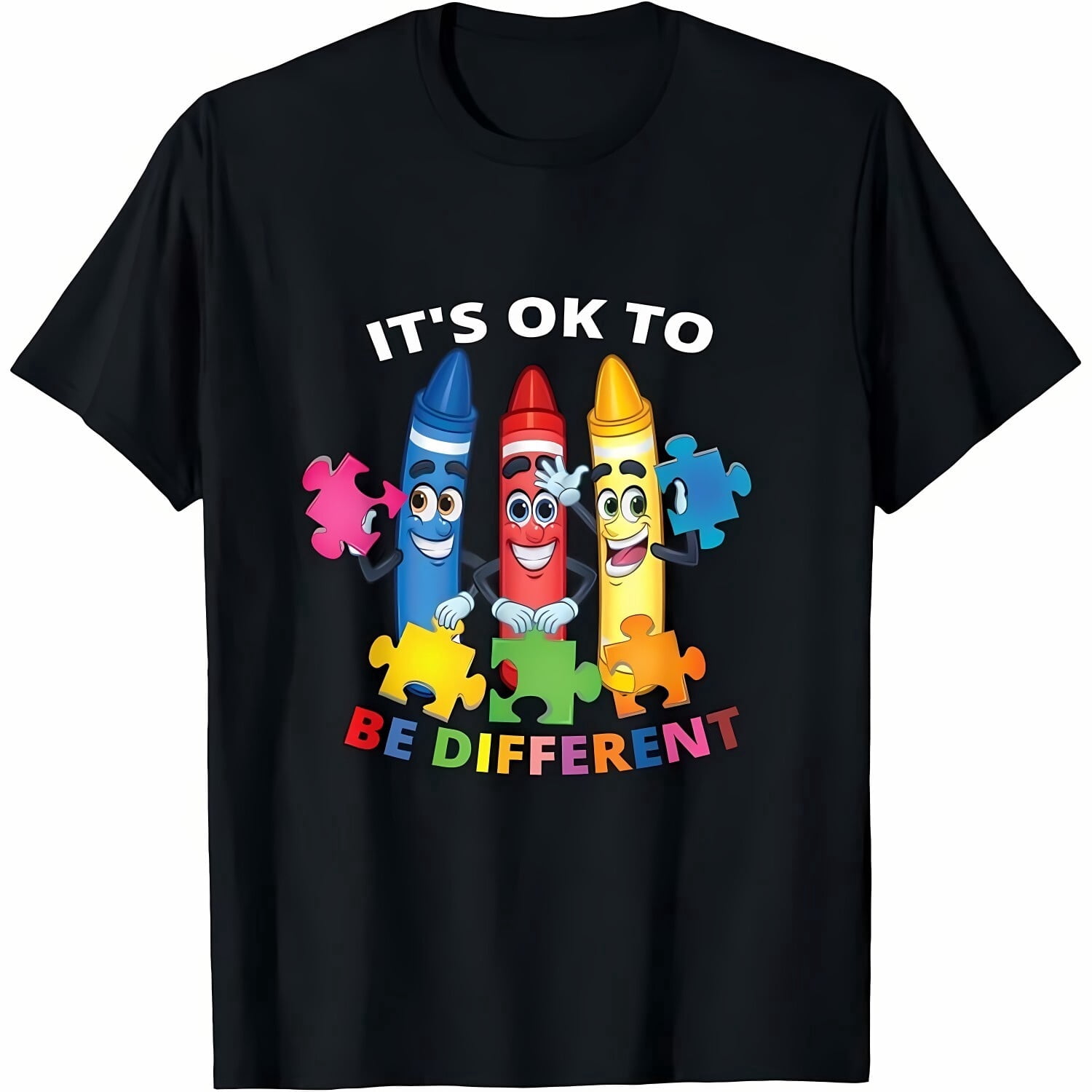 Black Crew Neck Tee - "IT'S OK TO BE DIFFERENT" Crayon Autism Awareness ...