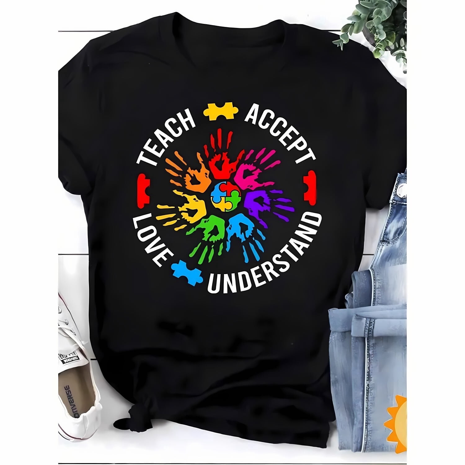 Black Crew Neck Tee - "TEACH ACCEPT LOVE" Autism Handprint Awareness ...