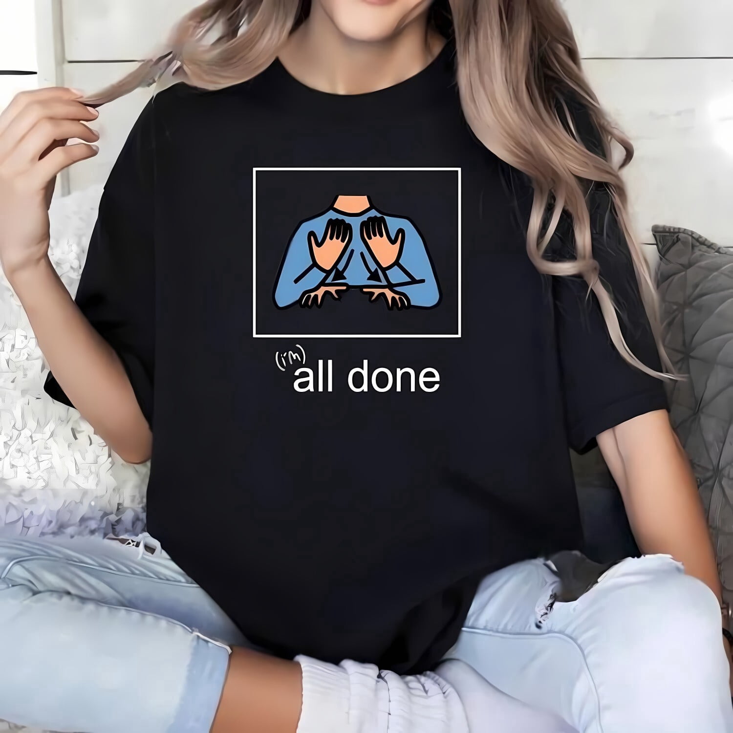 Black Crew Neck Tee - "all done" Autism Communication Sign Language Tee ...