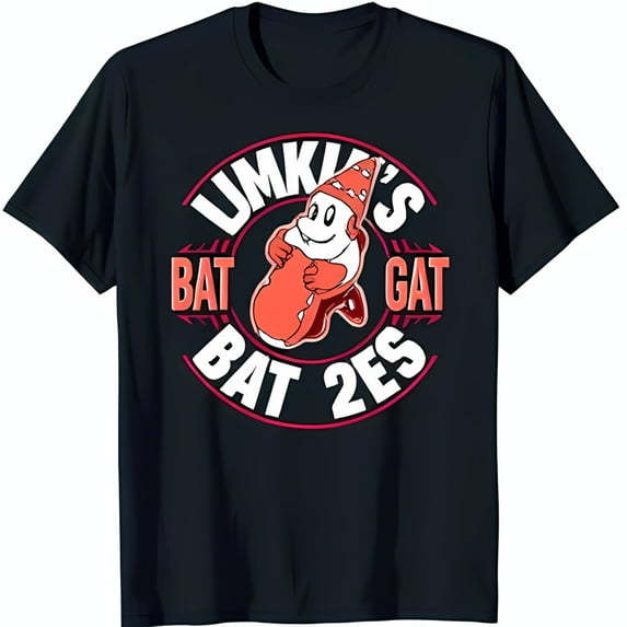 Black Crewneck T-Shirt with Red Bat Graphic and Cartoon Hugging Figure ...