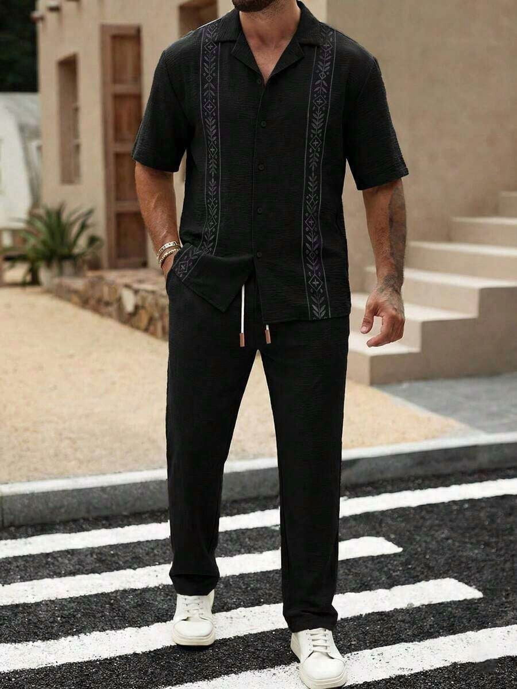 Black Crinkle Fabric Short Sleeve Printed Shirt And Drawstring Pants ...
