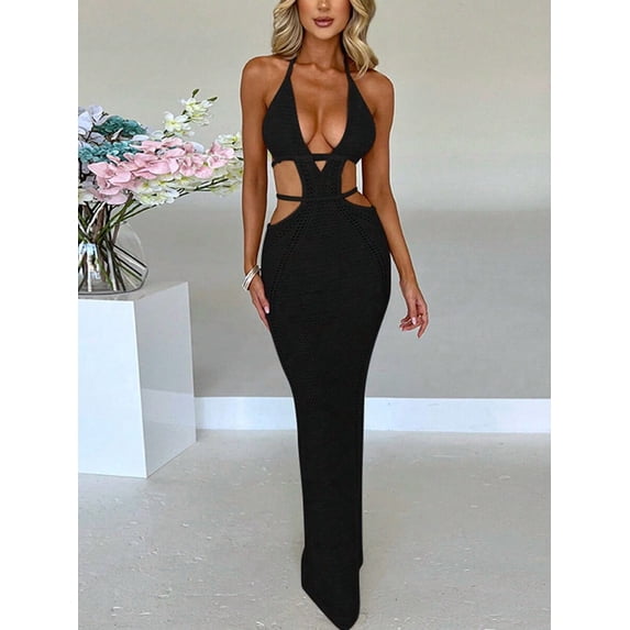 Black Crochet Halter Neck Cut-Out Bodycon Maxi Dress For Party Vacation ...