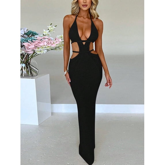 Black Crochet Halter Neck Cut-Out Bodycon Maxi Dress For Party Vacation ...