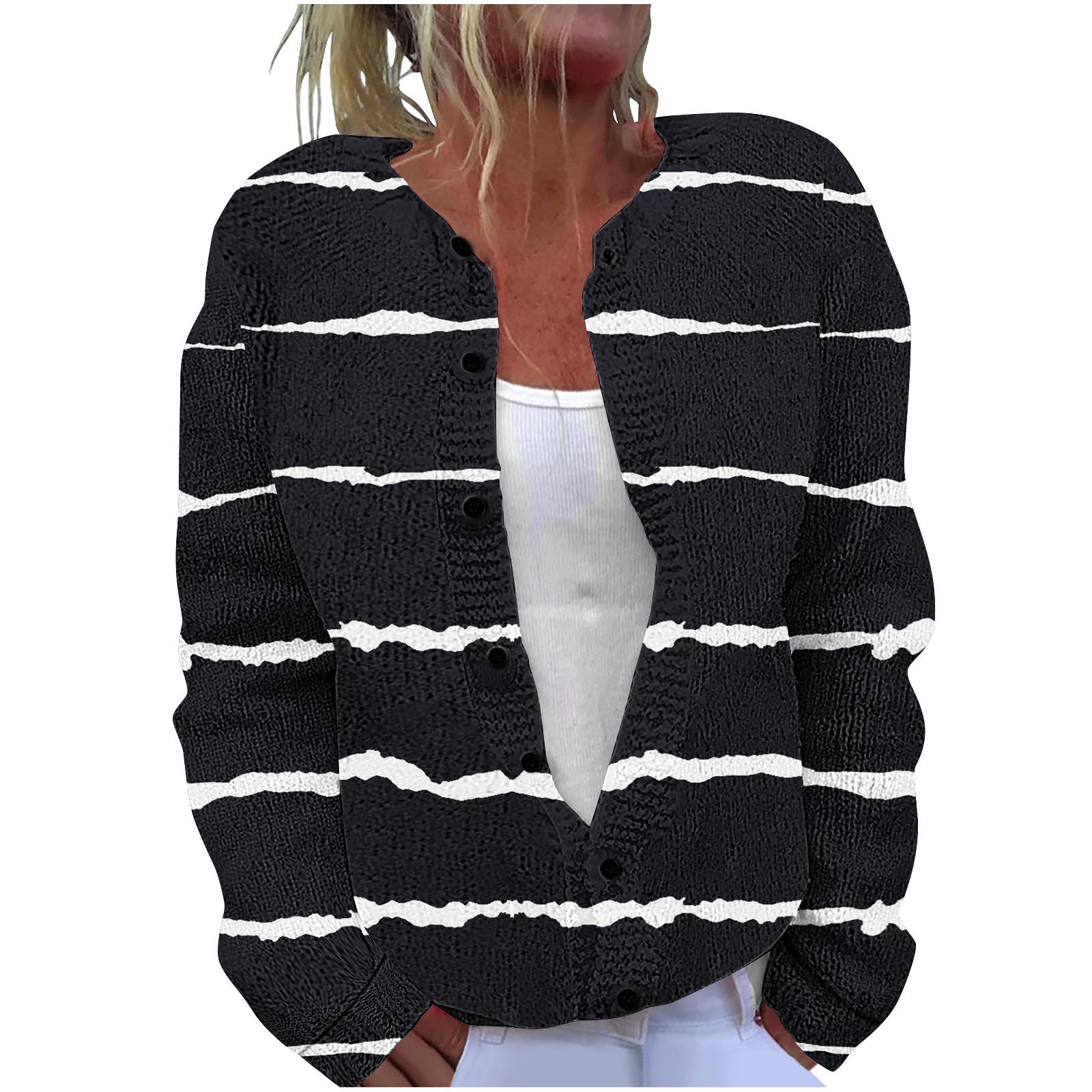 Black Crochet Striped Cable Knit Cardigan Casual Shacket for Women Fall ...