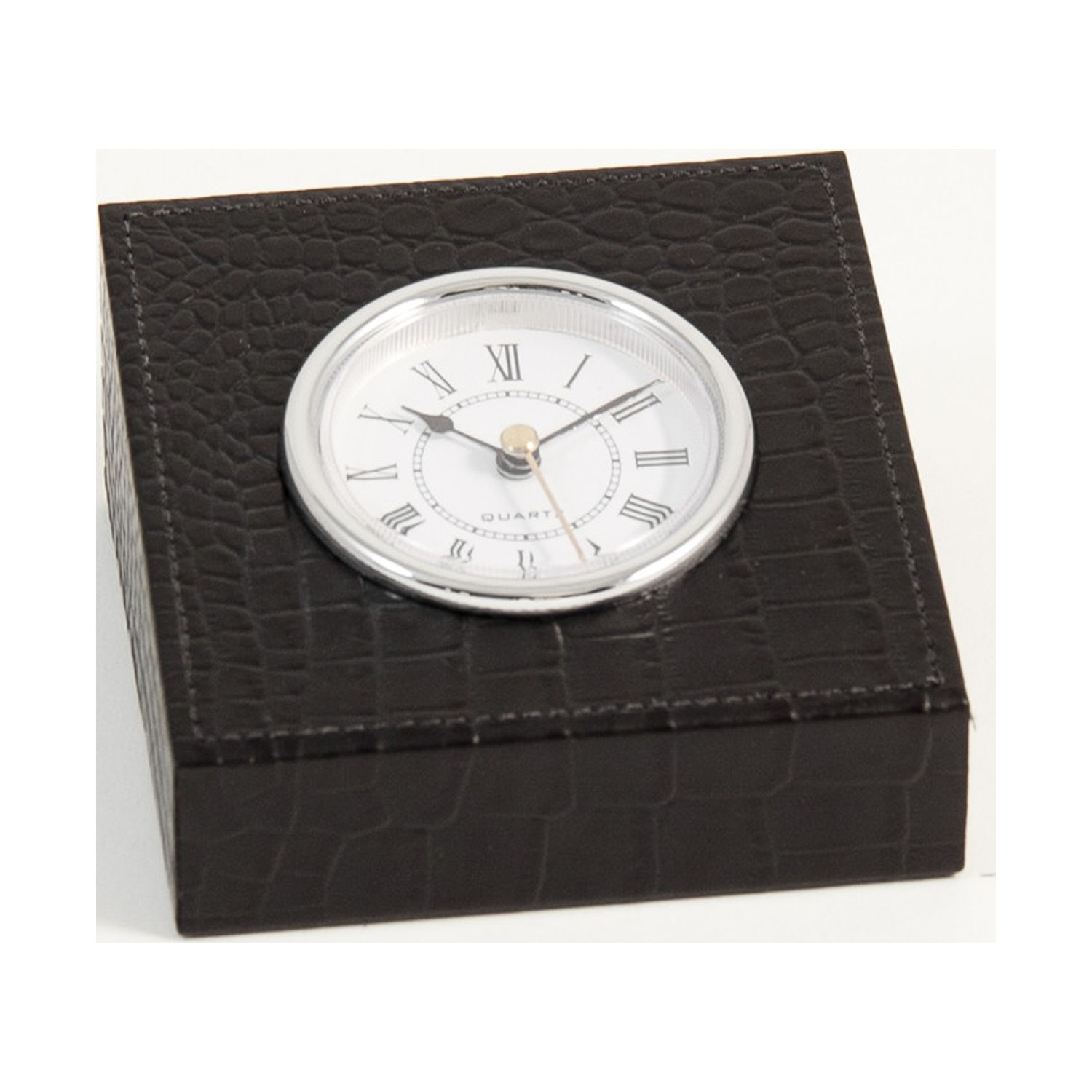 Black "Croco" Leather Quartz Clock with Silver Plated Accents ...