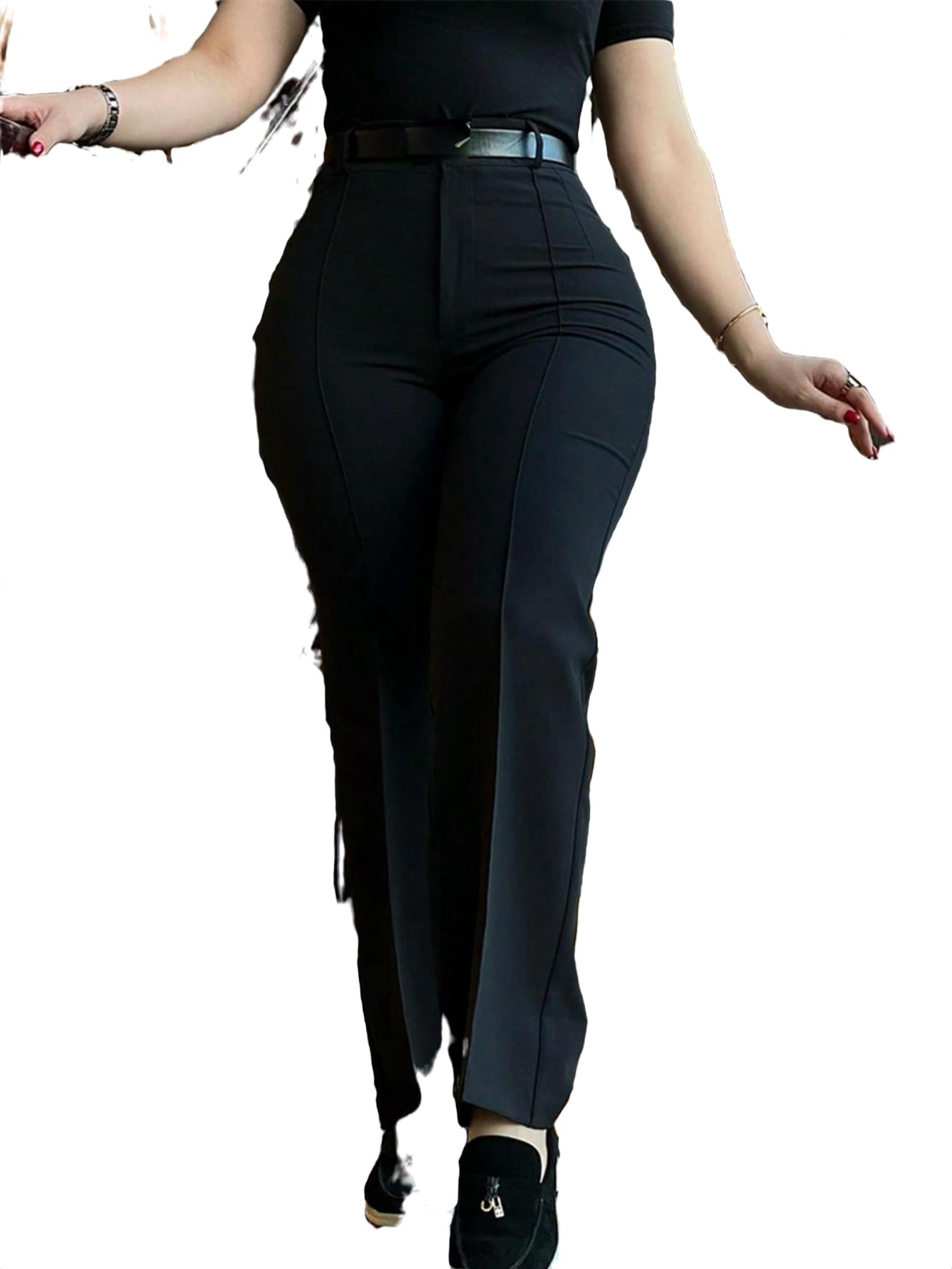 Black Cropped Plain Womens Non-Stretch Pants Classic High Waist ...