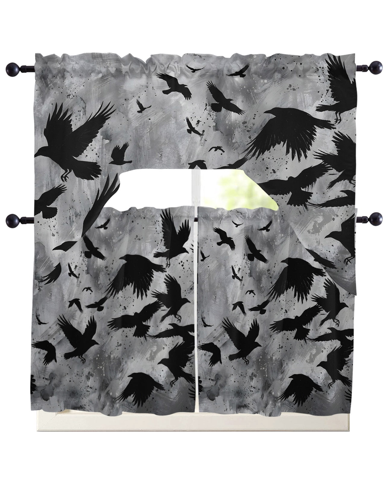 Black Crow Birds Kitchen Curtains Sets 36 Inch Length with Valance ...