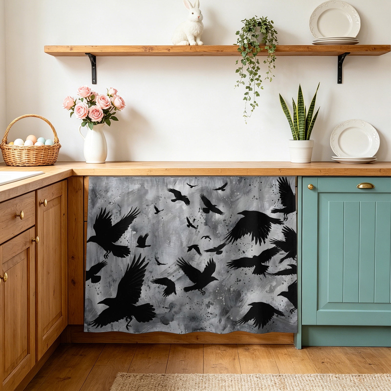 Black Crow Cabinet Curtains 11" W x 13" L, Abstract Grey Sky Feather ...