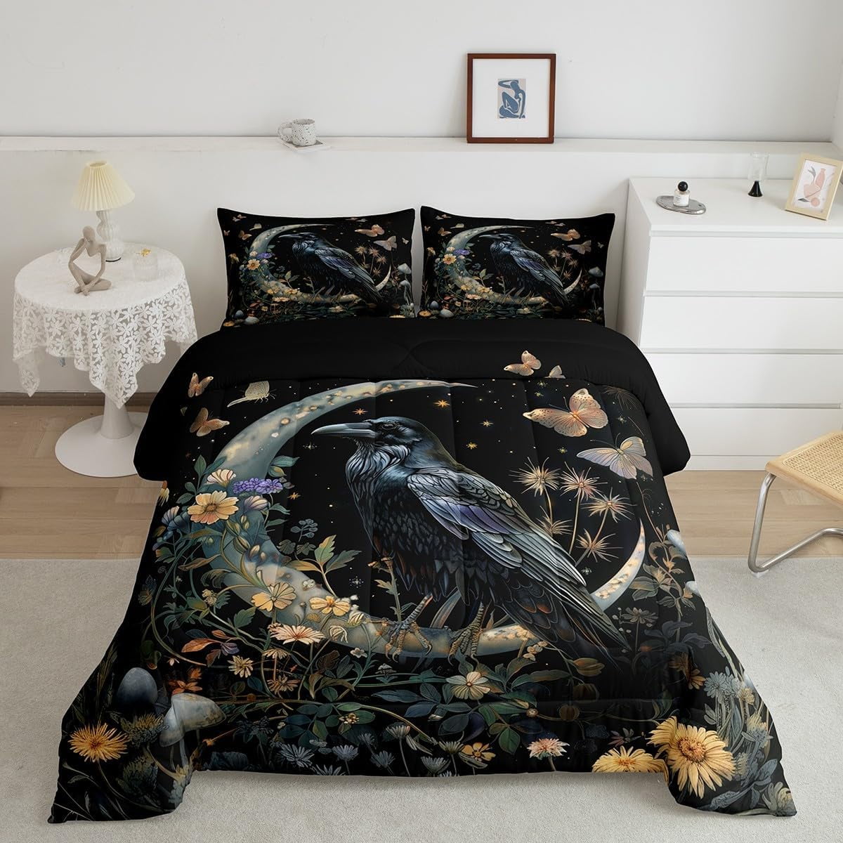 Black Crow Comforter Set King Size, Moon Daisy Flower and Butterfly ...