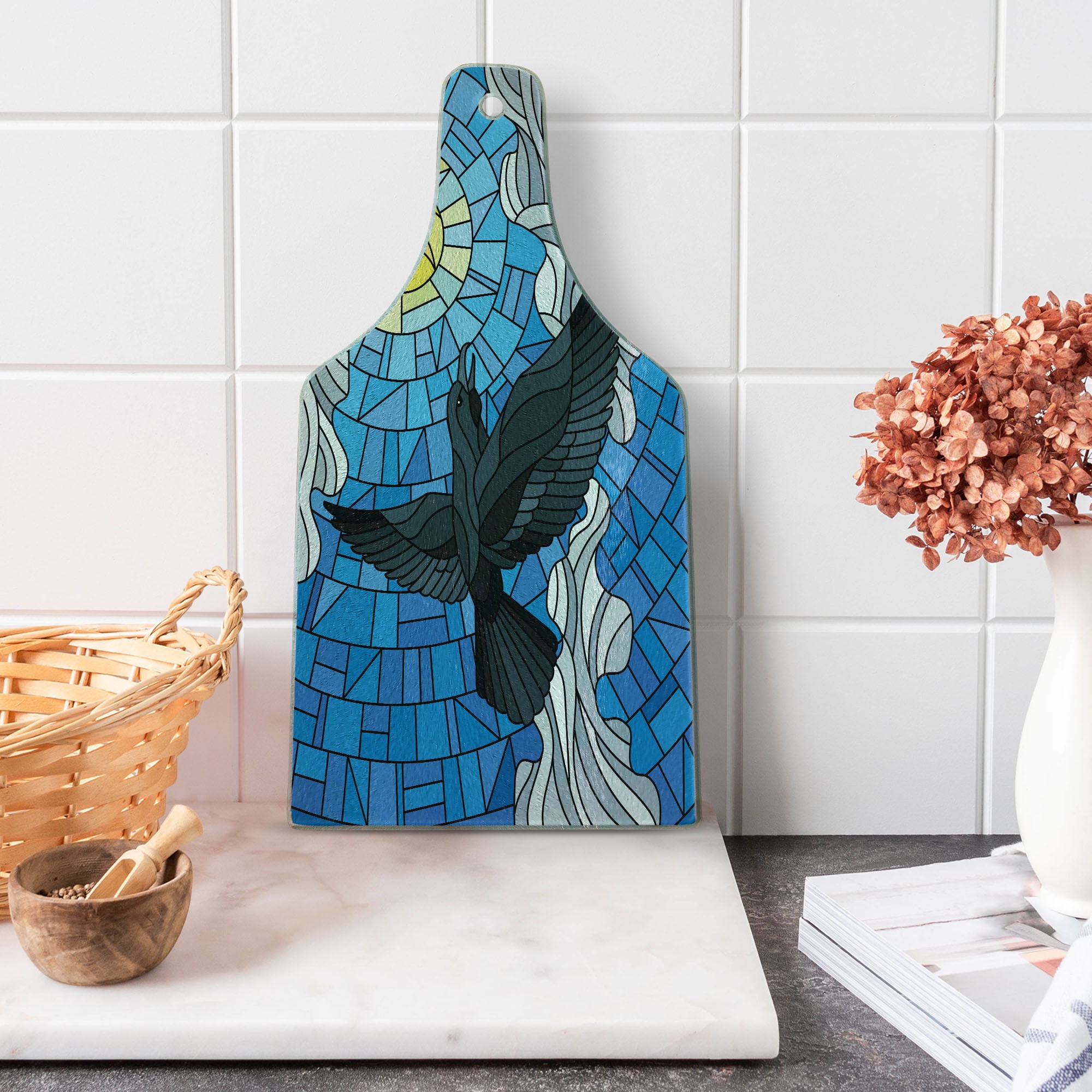 Black Crow Cutting Board, Stained Glass Style Illustration of Bird ...