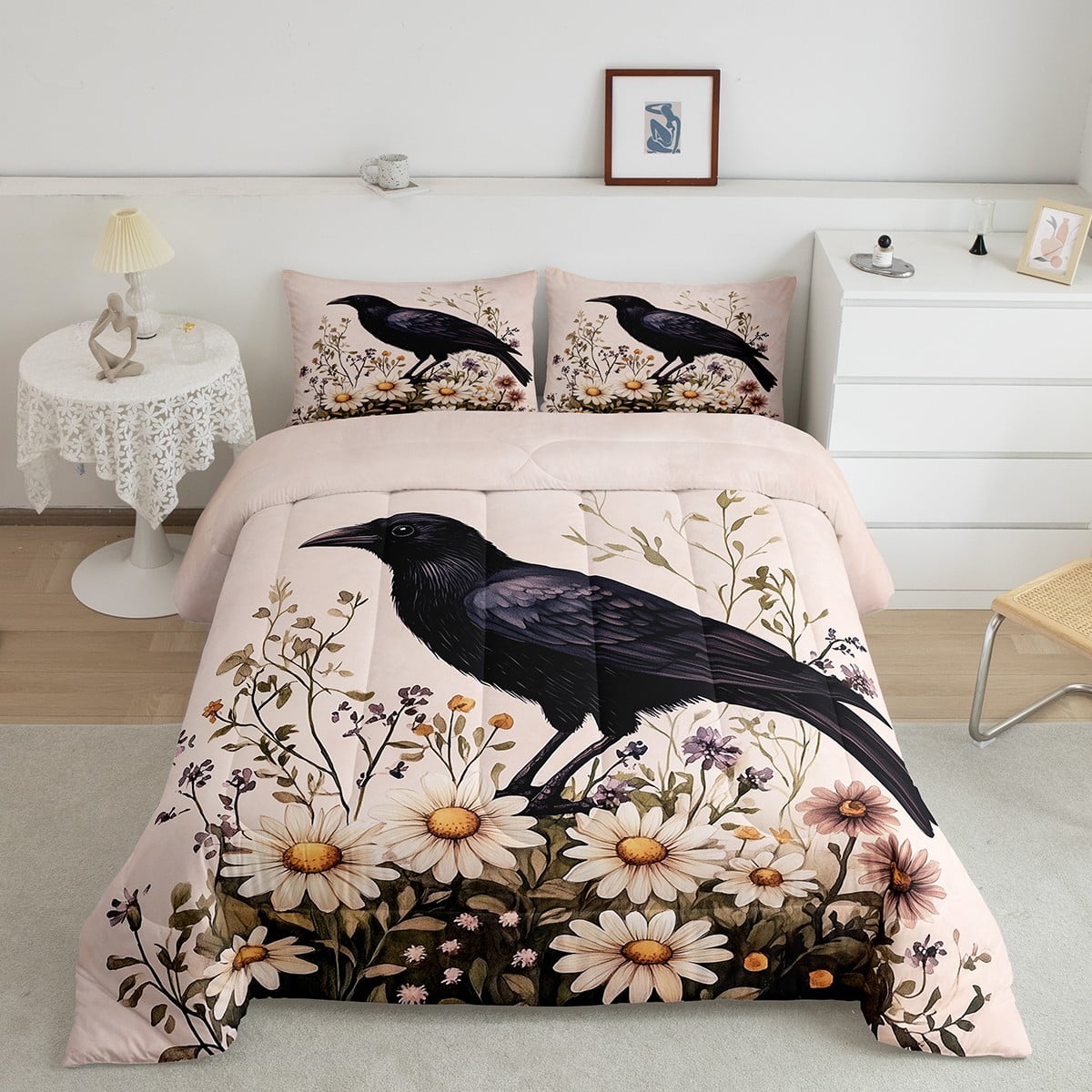 Black Crow Down Comforter Bohemia Decor Flowers Comforter Set,Botanical ...