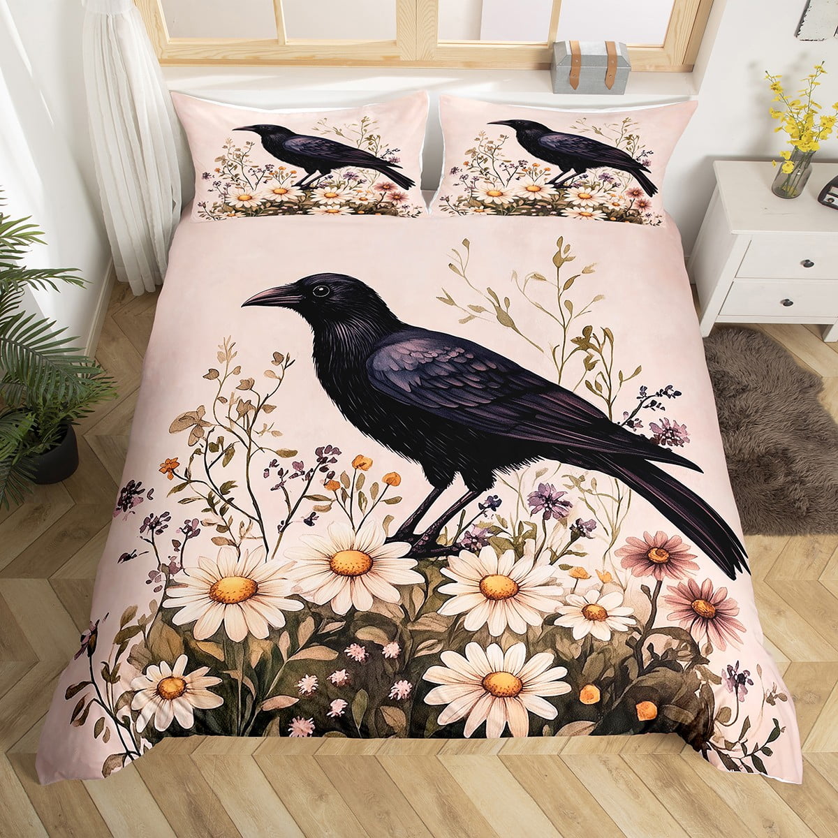 Black Crow Duvet Cover Full Bohemia Decor Flowers Comforter Cover ...