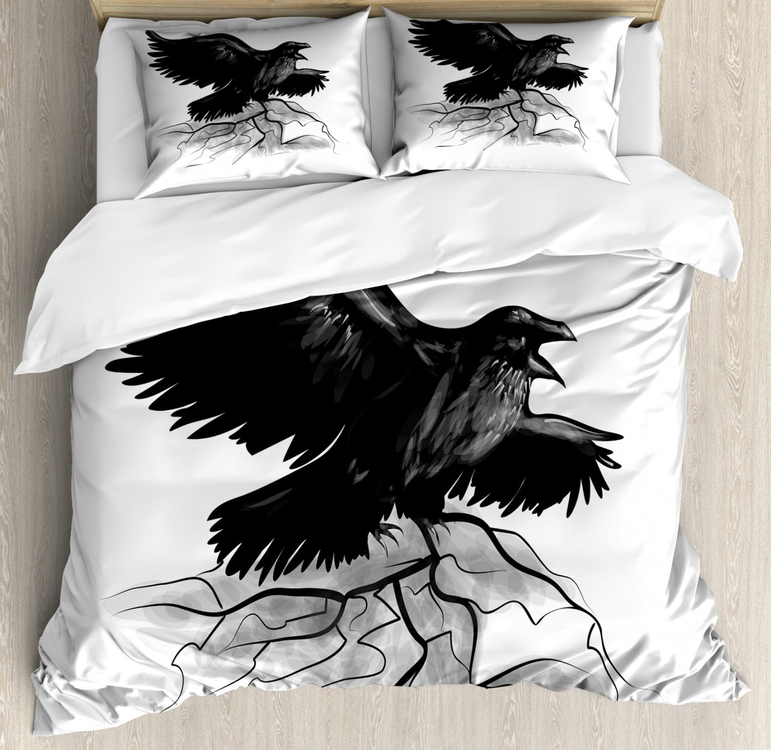 Black Crow Duvet Cover Set King Size, Artistic Illustration of Bird ...