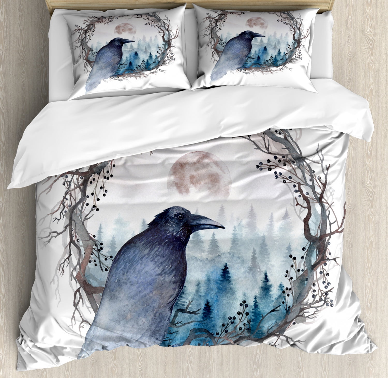 Black Crow Duvet Cover Set King Size, Fine Art Paint Bird with Foggy ...