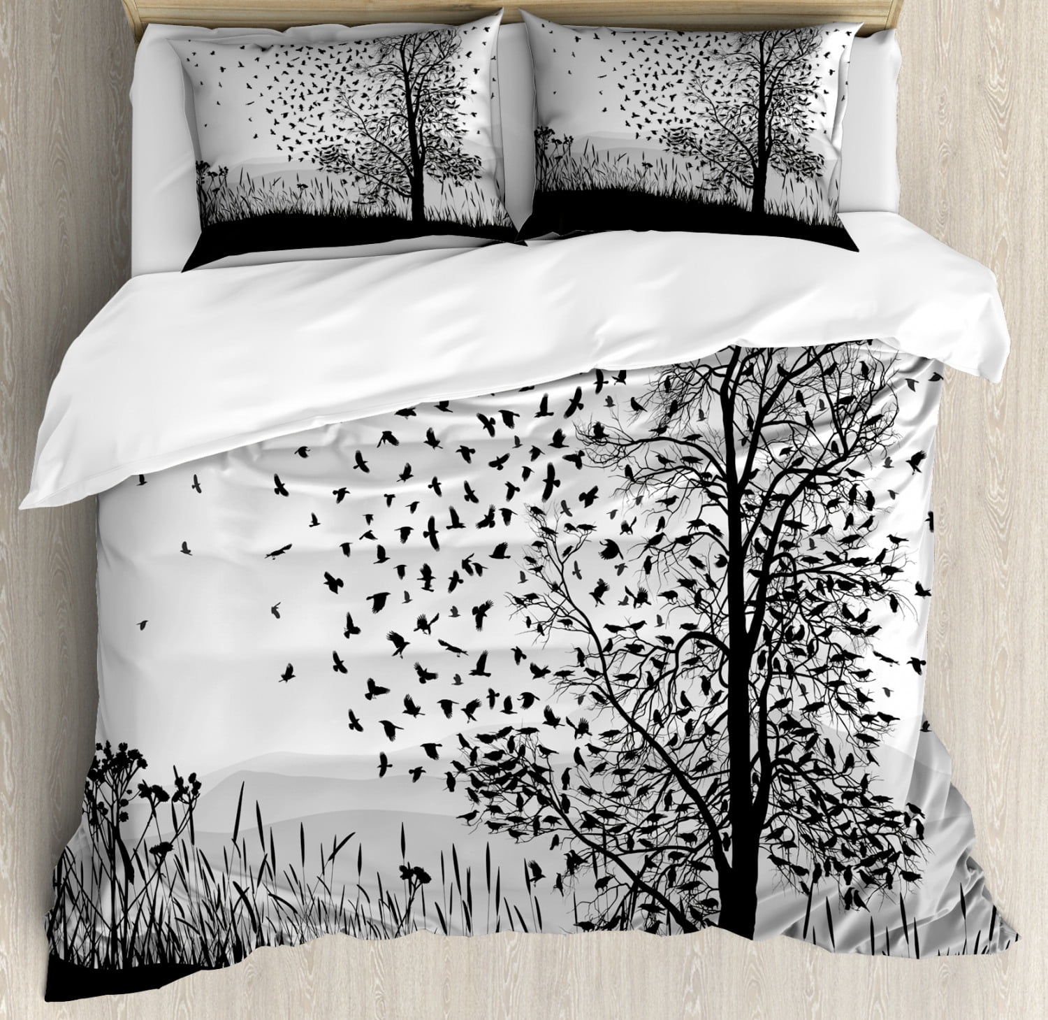 Black Crow Duvet Cover Set King Size, Silhouette of Murder of Crows ...