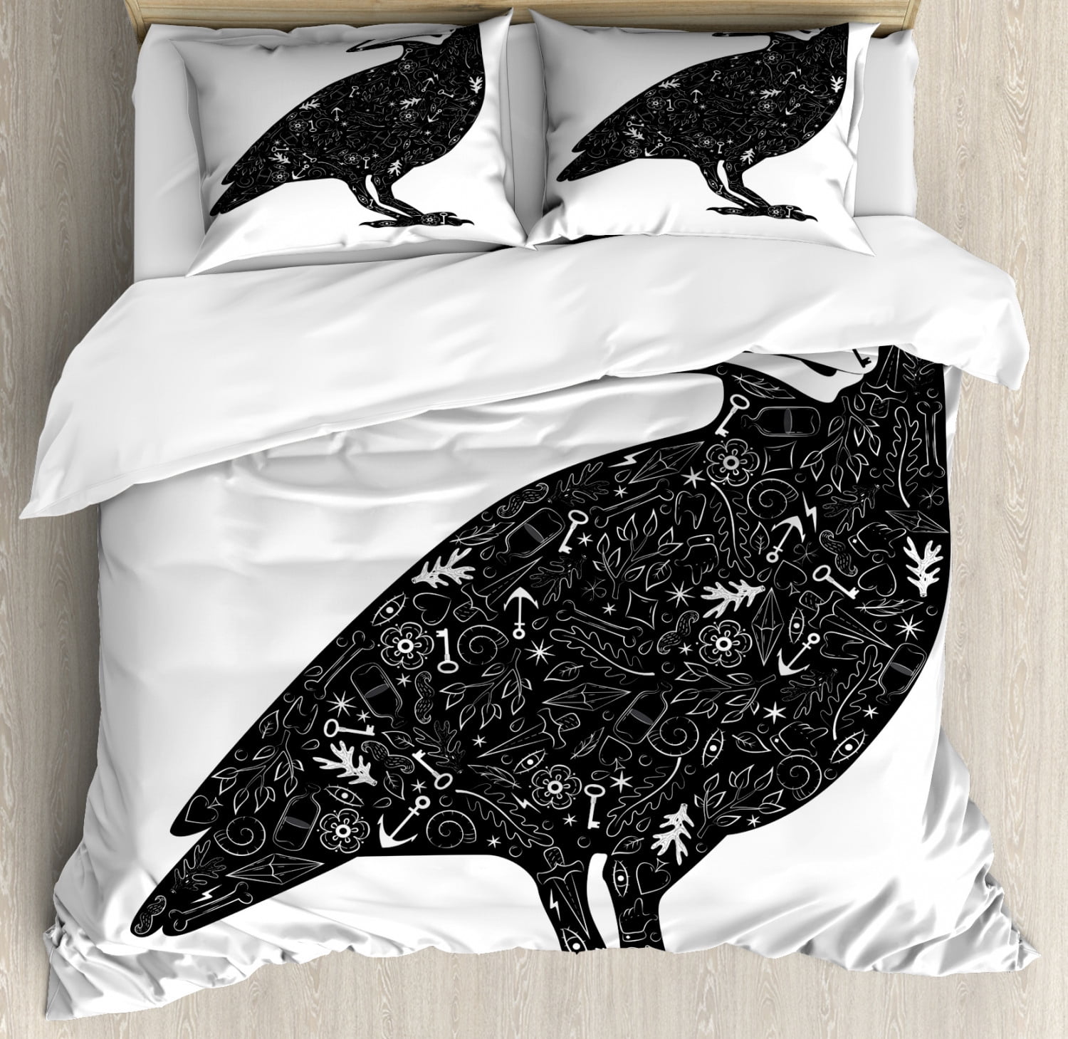 Black Crow Duvet Cover Set Queen Size, Gothic Art Illustration of ...